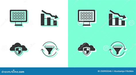 Set Sales Funnel With Chart Binary Code Cloud And Shield And Financial Growth Decrease Icon