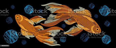 검은 바탕에 황금 물고기와 자 수입니다 수평 벡터 일러스트 레이 션 또는 그림입니다 수 놓은 금붕어 고대의에 대한 스톡 벡터