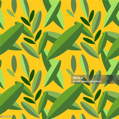 노란색 배경에 녹색 나뭇가지와 나뭇잎이 있는 매끄러운 패턴 여름 옷 포장지 유기농 식품 포장 월페이퍼를 위한 꽃무늬 프린트 벡터 0명에 대한 스톡 벡터 아트 및 기타 이미지
