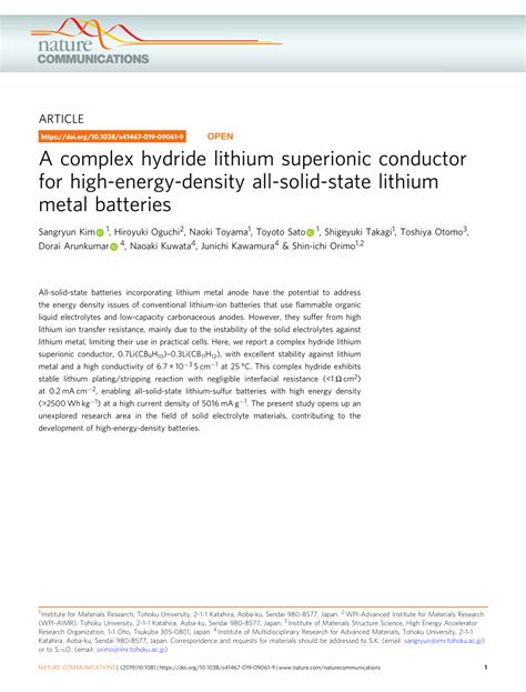 Pdf A Complex Hydride Lithium Superionic Conductor For High Energy