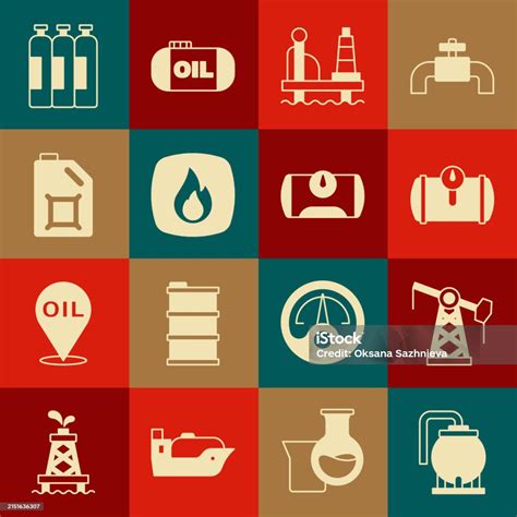 오일 탱크 저장 펌프 펌프 잭 차량용 가스 바다 플랫폼 화재 불꽃 캐니스터 모터 오일 산업용 가스 실린더 및 아이콘을 설정합니다 벡터 가솔린에 대한 스톡 벡터 아트 및 기타