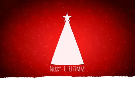 선명한 어두운 적갈색 빨간 수평 크리스마스 축제 벡터 배경 위에 별이있는 흰색 삼각형 모양의 나무와 문자 메시지 메리 크리스마스와 땅에 눈 0명에 대한 스톡 벡터 아트 및