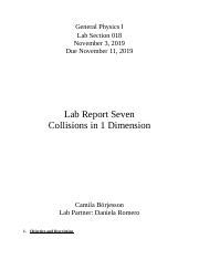Lab Report 7 Collisions In 1D Docx General Physics I Lab Section 018 November 3 2019 Due