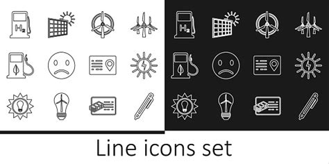 세트 라인 펜 태양 에너지 패널 회전 풍력 터빈 슬픈 미소 연료 공급 노즐 수소 충전소 주소록 및 태양 아이콘이있는 바이오 연료 벡터 검은색에 대한 스톡 벡터 아트 및 기타