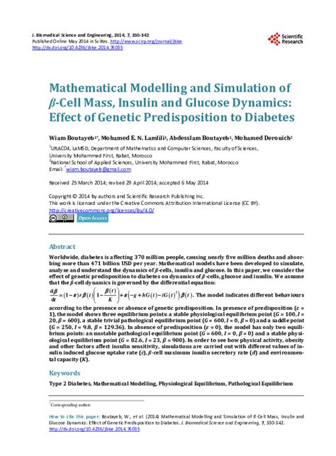 Pdf Mathematical Modelling And Simulation Of β Cell Mass Insulin And Glucose Dynamics Effect