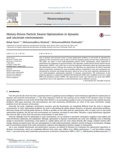 2016 Elsevier History Driven Particle Swarm Optimization In Dynamic And Uncertain Environments
