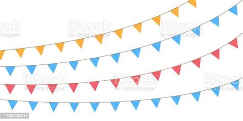 화려한 파티 페넌트 체인 깃발과 화환 화려한 깃발을 매달려 휴일 배경 벡터 일러스트 Carnival에 대한 스톡 벡터 아트 및 기타 이미지 Carnival School