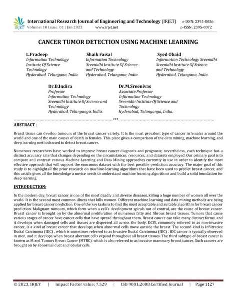 Cancer Tumor Detection Using Machine Learning Pdf