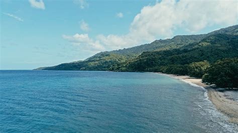 조용 하 고 공중 무인 비행기의 이미지는 멋진 아름 다운 숨겨진 원격 바다 바다 해안을 편안 하 게 끝 없는 모래 사장 및 무성 한 열 대 우림 정글 근접 촬영 파도 부서