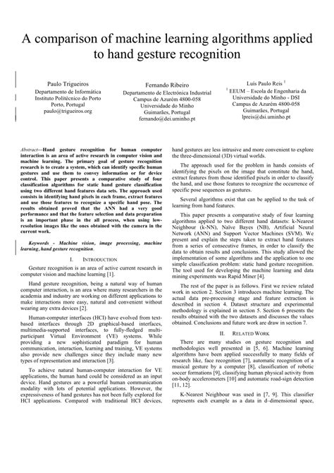 PDF A Comparison Of Machine Learning Algorithms Applied To Hand Gesture Recognition