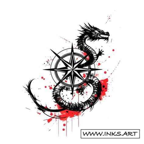 Tattoo Design Slender Dragon And Compass Rose Fusion Style Trash Polka