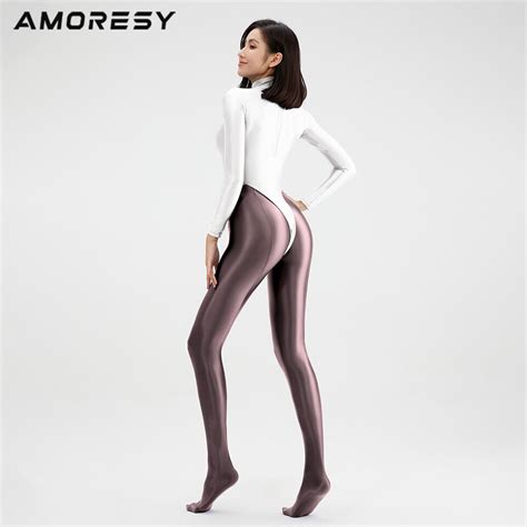 Amoresy Women Sexy Shiny Swimwear One Piece Long Sleeve Zipper High Cut