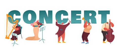 클래식 기악 교향악단 콘서트 바이올린 첼로 트럼펫 하프 퍼포먼스와 함께 무대에서 악기로 음악을 연주하는 사람들 뮤지션 캐릭터 플랫 벡터 일러스트레이션 Classical