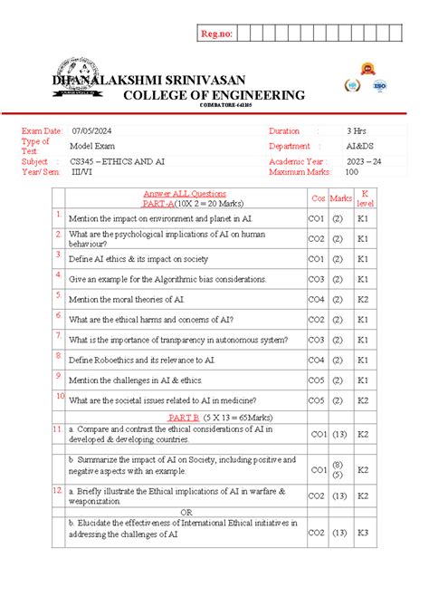 Eai Model Set Question Paper Dhanalakshmi Srinivasan College Of Engineering Coimbatore Exam