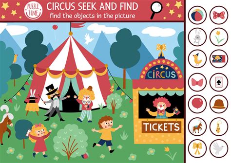 Vector Circus Searching Game With Amusement Show Marquee Clown Spot
