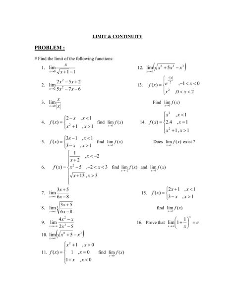 Limits And Continuity Problems Calculus Exercises