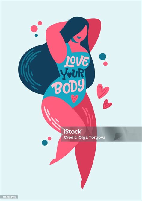 바디 포지티브 레터링 디자인 손으로 그린 영감 문구 당신의 몸을 사랑 플러스 크기의 여성 캐릭터에 개성 개념에 대한 스톡 벡터 아트 및 기타 이미지 Istock