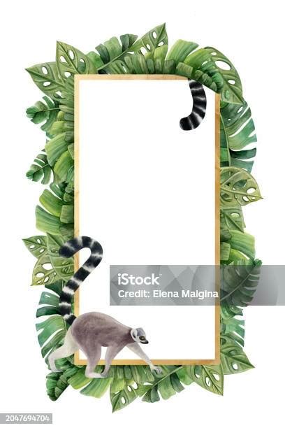 여름 열 대 야자수 잎과 여우 원숭이 긴 꼬리 수직 프레임 템플릿 와 텍스트 복사 공간 와 손으로 그린 수채화 그림은 카드와 라벨에 대 한 흰색 배경에 고립되어 있습니다