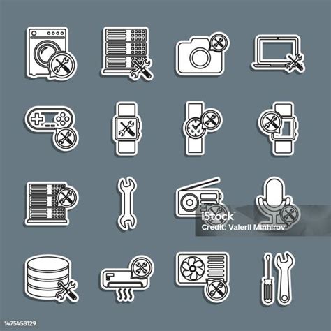 라인 드라이버 및 렌치 마이크 서비스 스마트 워치 사진 카메라 게임 패드 와셔 및 손목 아이콘을 설정합니다 벡터 게임패드에 대한