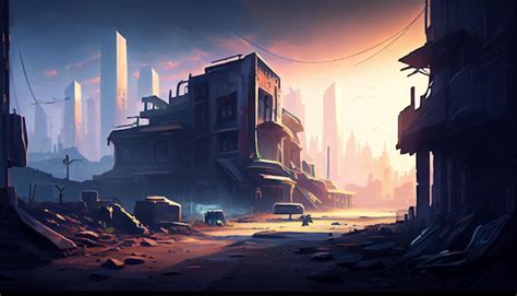 모바일 게임을 위한 묵시적인 도시 2d 배경 환경 고품질 수평 배경 풍경 게임 템플릿 디자인 위치 Gener 프리미엄 사진