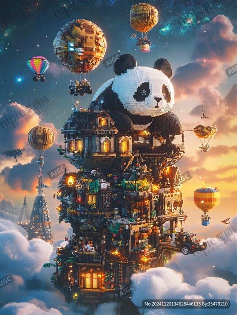 Ai创作图3d超现实主义 3d立体插画风格 3d城市悬浮岛风景 熊猫星球 创意熊猫动漫 特效合成海报 热气球熊猫 3d合成 创意夜景合成 低多边大熊猫 想象力世界 创意合成海报 科幻插画风