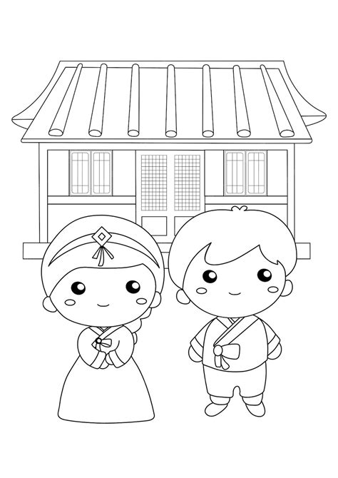 어린이와 성인을 위한 전통 한복 패션 컬러링 페이지를 가진 한국 커플 인물 프리미엄 벡터