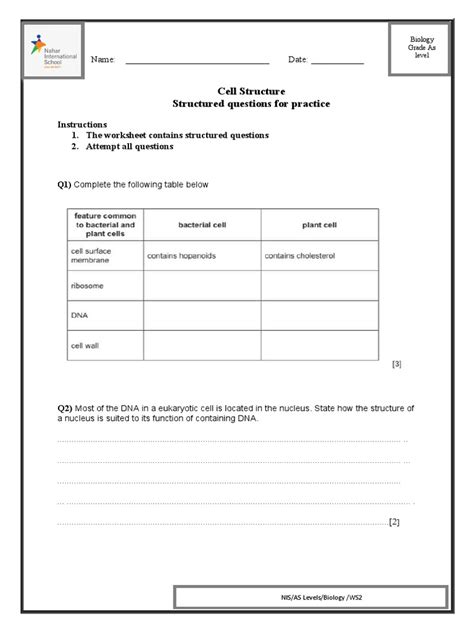 Worksheet2 Structured Unit 1 As Level Biology 2 Pdf