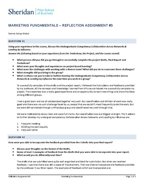 Marketing Fundamentals Reflection Assignment 3 Marketing Fundamentals Reflection