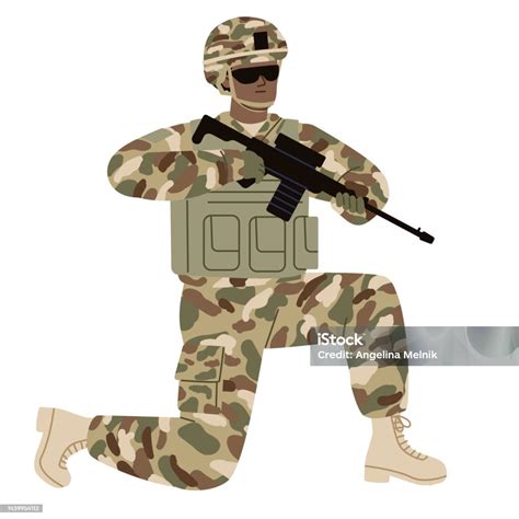 군인 군인 소총으로 선글라스를 끼고 있다 육군 복무 군대 군대에 전화하십시오 옆으로 위치 평면 벡터 그림 Militarism에 대한 스톡 벡터 아트 및 기타 이미지 Istock