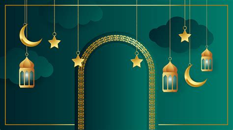 황금 등불 아랍어 녹색 이슬람 디자인 배경 랜턴 달 이슬람 패턴 모스크 및 추상적인 고급 이슬람 요소와 유니버설 라마단 카림 배너 배경 라마단에 대한 스톡 벡터 아트 및