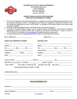 Fillable Online Wcroads 2008 Tree Vegetation Removal Permit Instructions Washtenaw