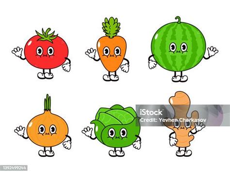 재미 귀여운 행복한 야채 캐릭터 번들 세트 벡터 손으로 그린 만화 카와이 캐릭터 일러스트 레이 션 아이콘 흰색 배경에 고립되어