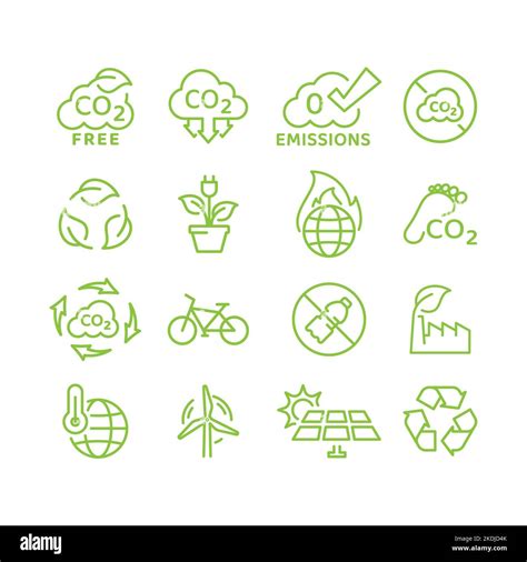 Zero Emissions Carbon Footprint Reduction Vector Icon Set Ecology Environment Outline Icons