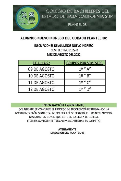 Atencion Alumnos De Nuevo Ingreso Cobach Plantel 08 Facebook