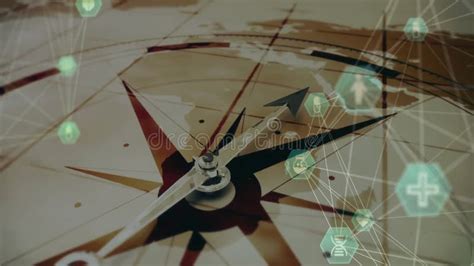 Compass Needle Rotating Clockwise On Map Signaling Hexagon Icons