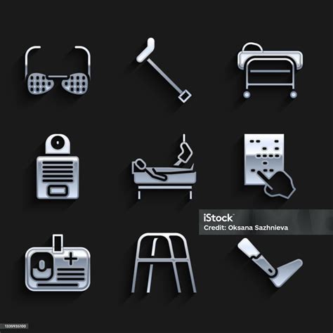 Set Patient With Broken Leg Walker Prosthesis Braille Identification Badge Intercom Stretcher