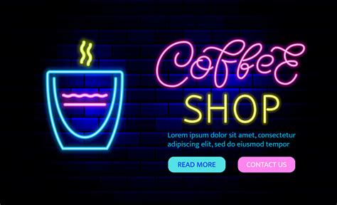 웹 사이트에 대한 커피 숍 네온 방문 페이지 밝은 전단지 커피 컵 네온 라이트 아이콘입니다 벡터 스톡 일러스트레이션 개념에 대한