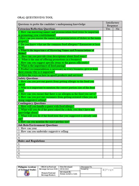 Oral Questioning Tool Download Free Pdf Food Allergy Drink