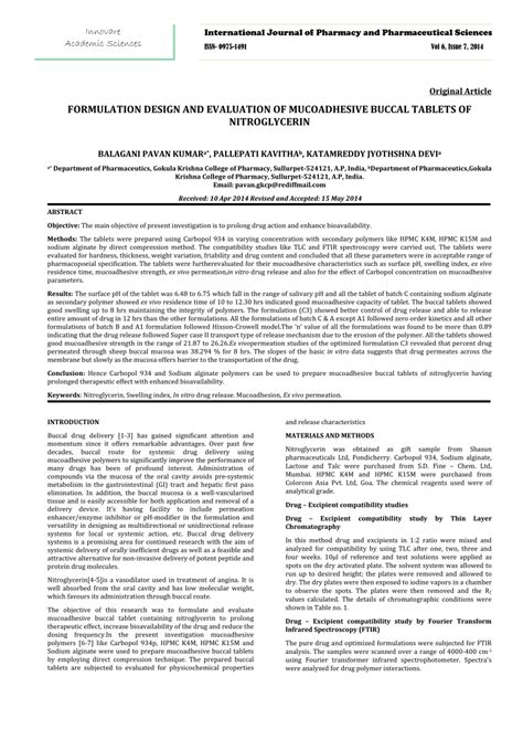 Pdf Formulation Design And Evaluation Of Mucoadhesive Buccal Tablets Of Nitroglycerin