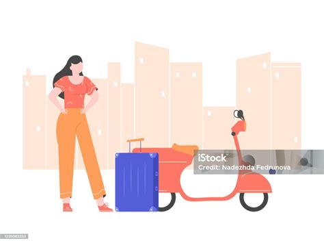 소녀는 오토바이 스쿠터와 바퀴가 달린 가방 근처에 서 있습니다 솔로 여행 이전 도시 배경입니다 벡터 플랫 일러스트레이션입니다 도시에 대한 스톡 벡터 아트 및 기타 이미지