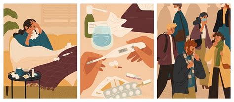 집과 거리에서 아픈 증상이있는 사람들 벡터 포스터 세트 감기와 독감 시즌 감기 발열 코 기침 및 약을 복용하는 침대에 누워 있는 여성 코로나 군중 환자에 대한 스톡 벡터