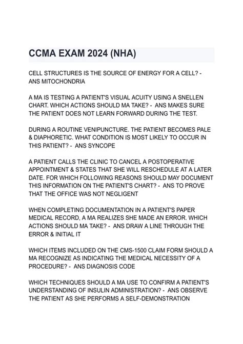 Ccma Exam 2024 Nha Questions With Correct Answers Latest 2024 2025 A Graded 100 Verified