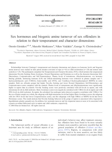 Pdf Sex Hormones And Biogenic Amine Turnover Of Sex Offenders In