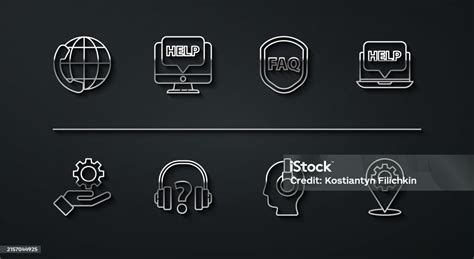 회선 전화 24시간 지원 손 안의 설정 노트북 도움말 지원 운영자 터치 헤드폰 컴퓨터 모니터 기어가 있는 위치 및 방패 텍스트 Faq 아이콘 벡터 0명에 대한 스톡 벡터