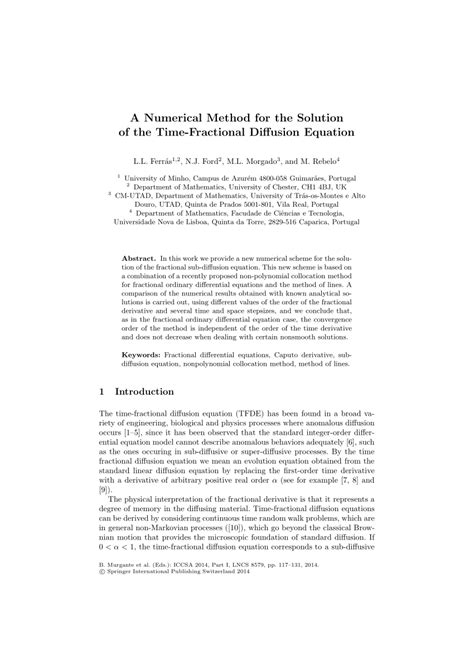 Pdf A Numerical Method For The Solution Of The Time Fractional Diffusion Equation