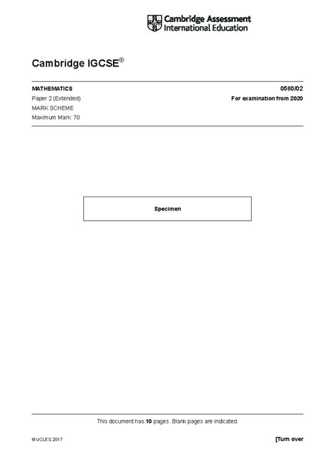 Cambridge Igcse Maths 0580 01 Specimen Paper 1 Non Calculator 2025