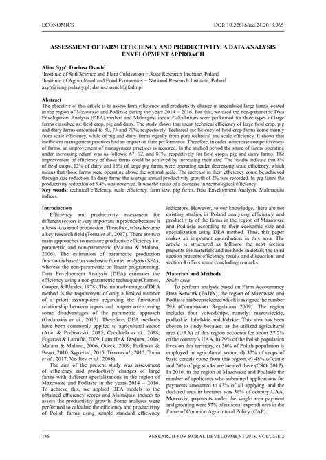 Pdf Assessment Of Farm Efficiency And Productivity A Data Analysis