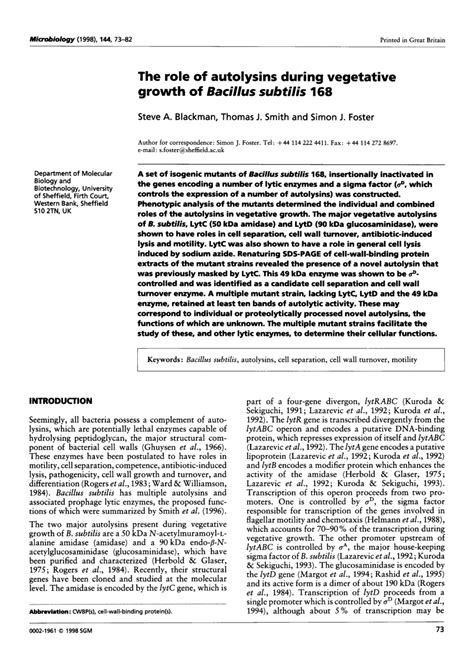 Pdf The Role Of Autolysins During Vegetative Growth Of Bacillus Subtilis 168