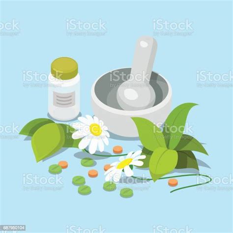 3 차원 Isometric 초본 치료 대체 의학 개념 웹 인포 그래픽 벡터 일러스트 레이 션 작업 평면 암 꽃 술 유 봉 짜리 카모마일 정제 식이 보충 분말 가루 병 수