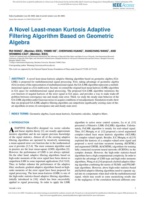 Pdf A Novel Least Mean Kurtosis Adaptive Filtering Algorithm Based On Geometric Algebra